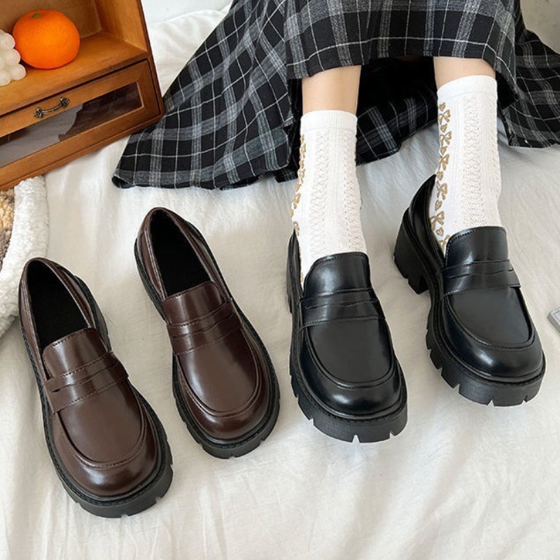 Trendy Fashion Leather Shoes for Women Retro Thick Heeled Shoes Loafers ...
