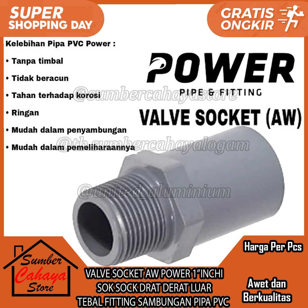 VALVE SOCK 1" INCH AW POWER THICK FITTING PIPE CONNECTION PVC SOCKET ...