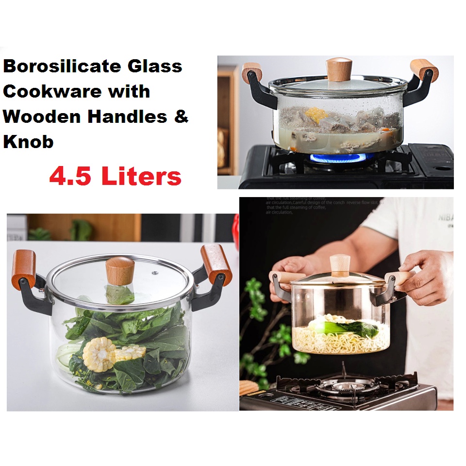 Borosilicate Glass 4.5 Liters Cookware with Wooden Handles & Knob ...
