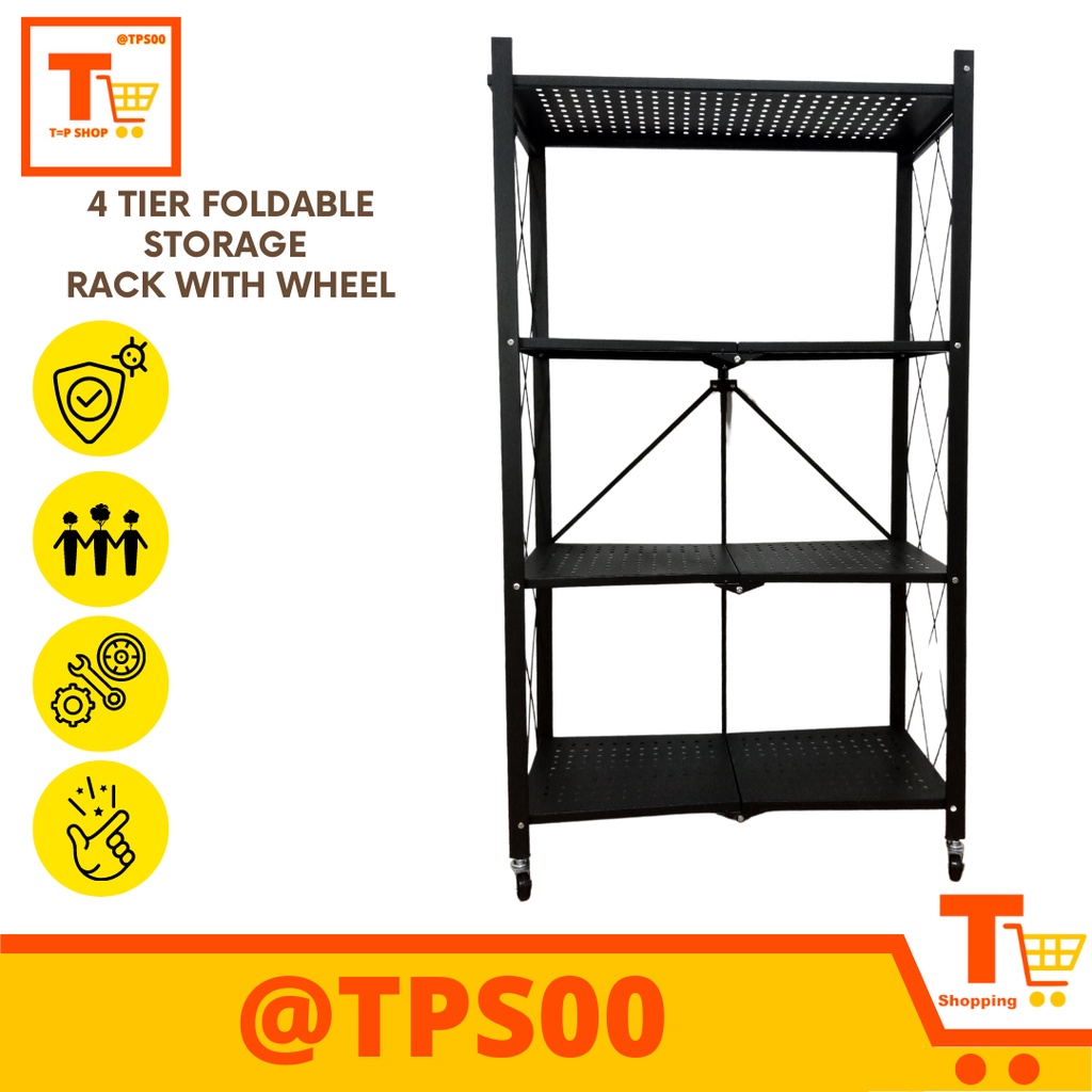 4 Tier Foldable Storage Rack With Wheels 4 Layers Storage Shelves ...