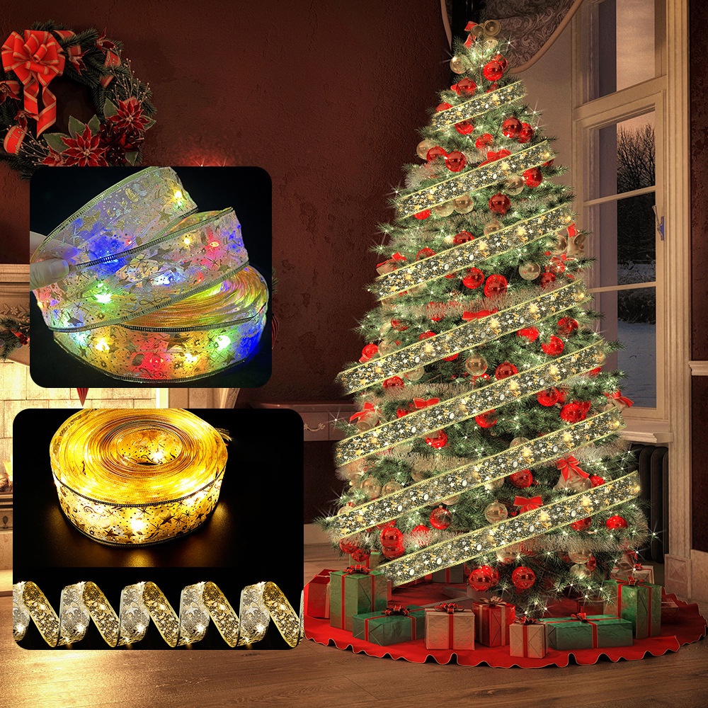 Christmas Decoration LED Ribbon Lights Ornaments DIY Bows Light String ...