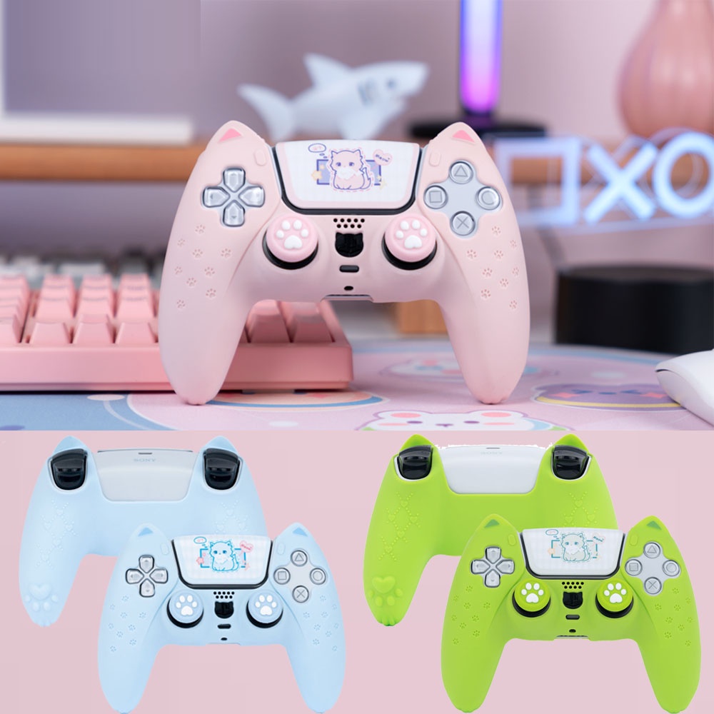 GeekShare PS5 Controller Case Set Silicone Cute Cat Thumb Grip Caps ...