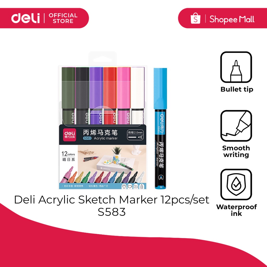 Deli S583 Acrylic Sketch Marker 12pcs/set [79S583] | Shopee Philippines
