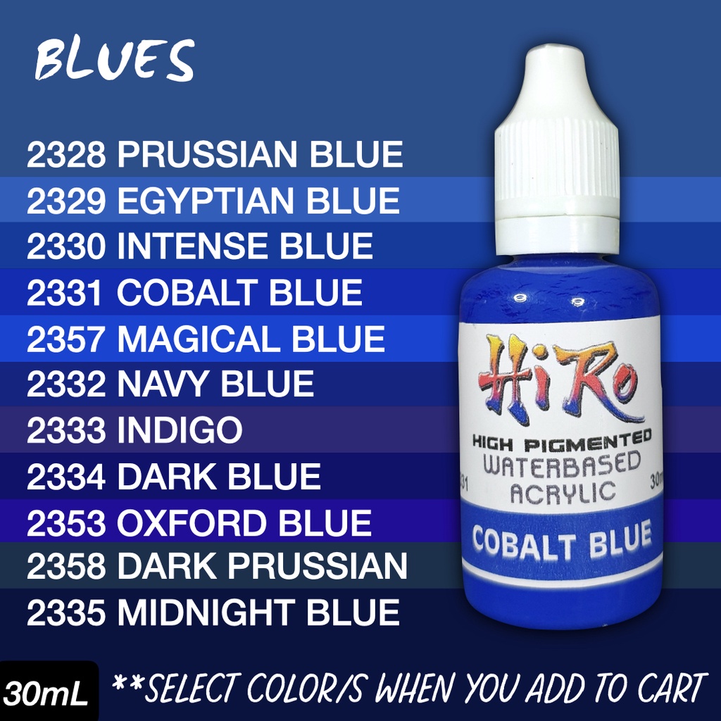 Blue Colors by Hiro Paints High-Pigmented Waterbased Acrylic Hobby ...