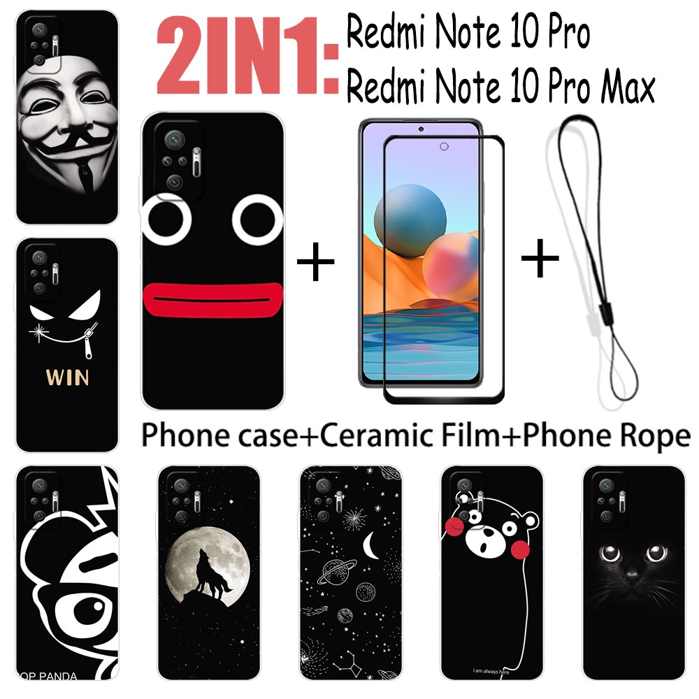 2 IN 1 Redmi Note 10 Pro 10 Pro Max Case with Tempered Glass Ceramic Film Screen Protector Black ...