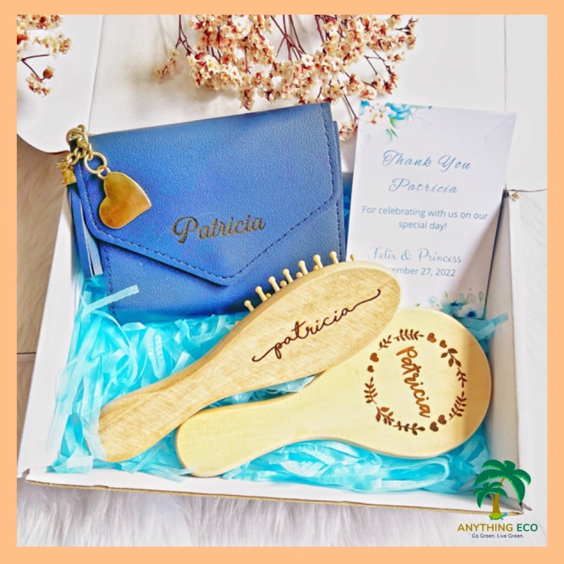 (Laser Engraved) Wooden Small Hair Comb and Mirror Gift Bundle Set ...