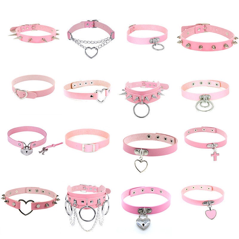 Pink Gothic Collar Chokers Necklaces Women Men Steampunk Leather Spike ...