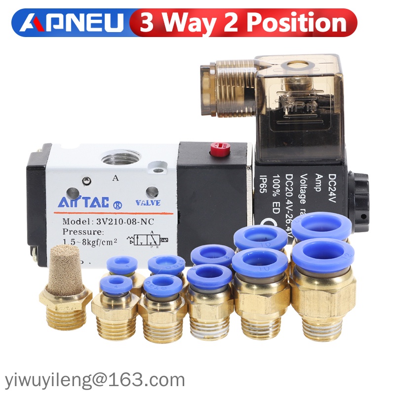 Pneumatic Fittings 3 Way 2 Position Air Directional Control Solenoid Valve 3V210-08 DC12V DC24V ...