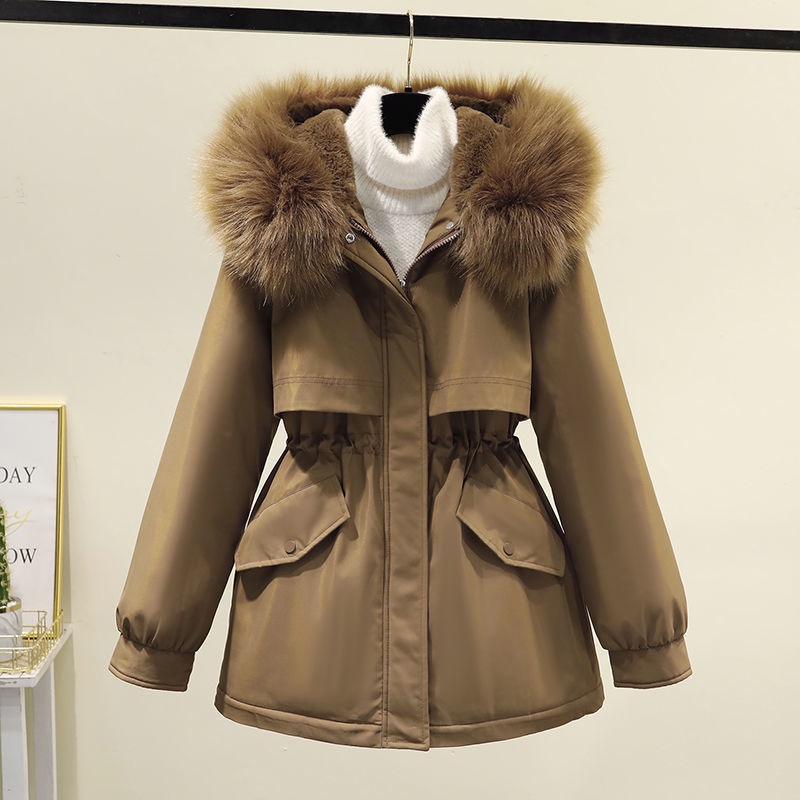 Women Winter Jacket Fur Collar Parka Long Coat Warm Thick Fleece Hooded ...