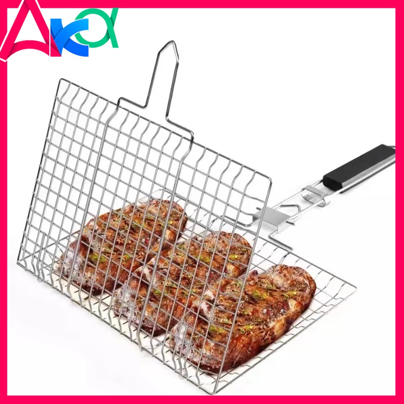 Stainless steel non stick fish grill mesh wire net with wooden handle ...