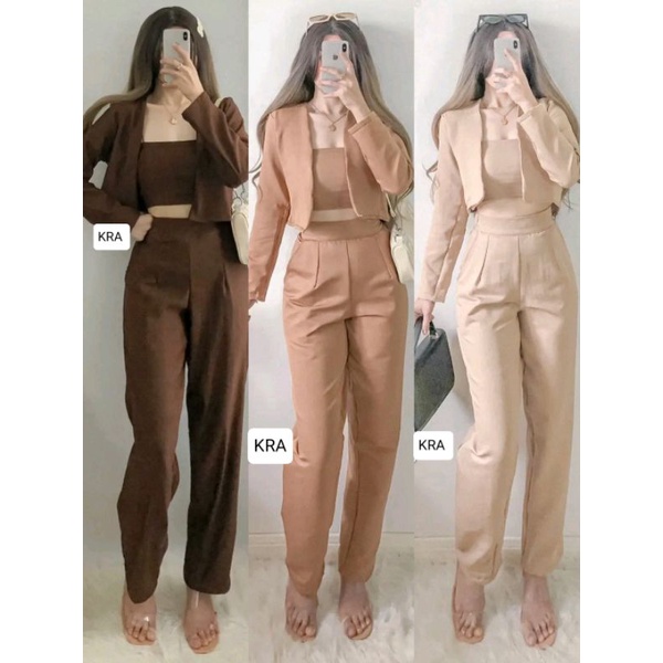 Olivia Plain Cotton Woven Spaghetti Top with Longsleeves Blazer Terno ...