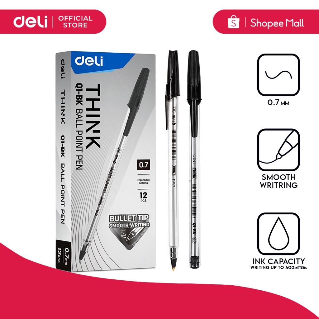 Deli Q1-BK Think 0.7mm Bullet Tip Ball Point Pen 12pcs/box [79Q1-BKP12 ...