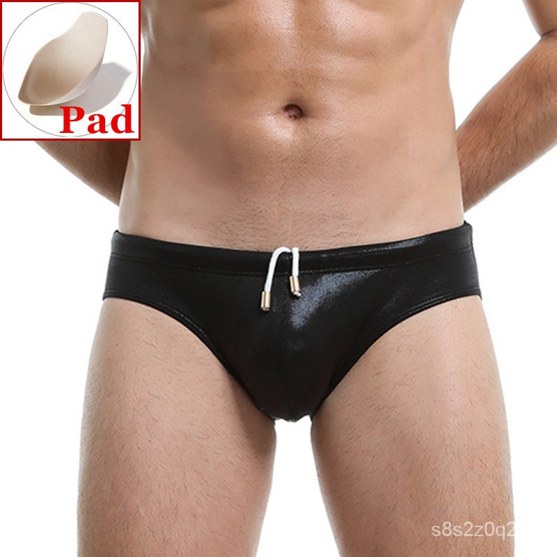 Pu Leather Push Up Men Swim Briefs Sexy Bikini Swimwear Swiming Trunks