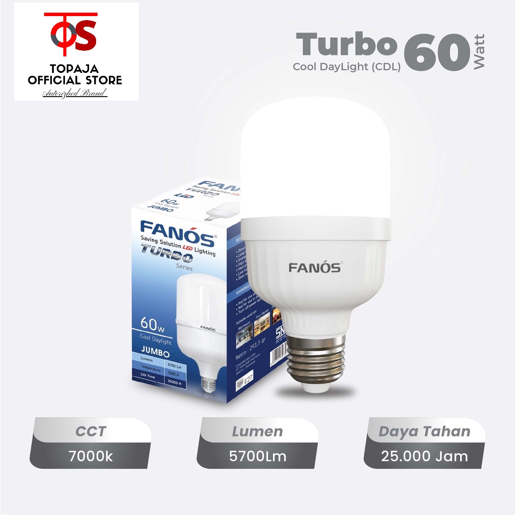 CAHAYA FANOS Turbo Led Lamp 60 Watt Light Bulb Bright White Light Cool ...