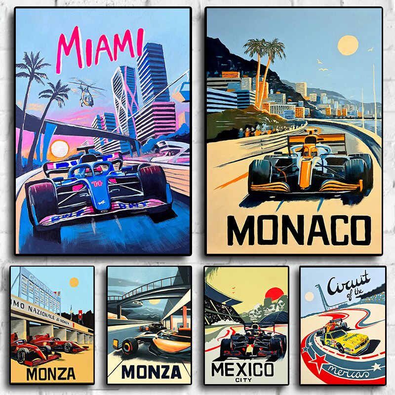 2022 F1 Neon City Watercolor Racing Car Poster Canvas Painting Wall Art ...