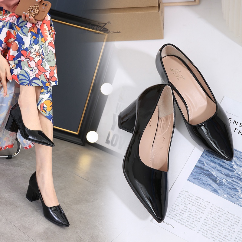 Korean Women cross Pointed Toe Black Office Work Block Heel Shoes ...