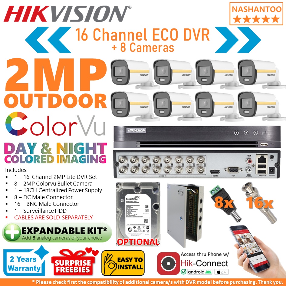 Hikvision 16CH 2MP ColorVu 8Camera Outdoor Bullet DIY CCTV Package Kit ...