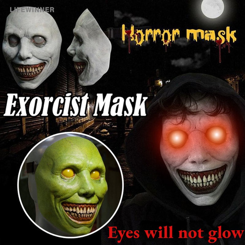 COS Exorcist Smile Mask Halloween Horror Mask White Ggreen Eyes Demon ...
