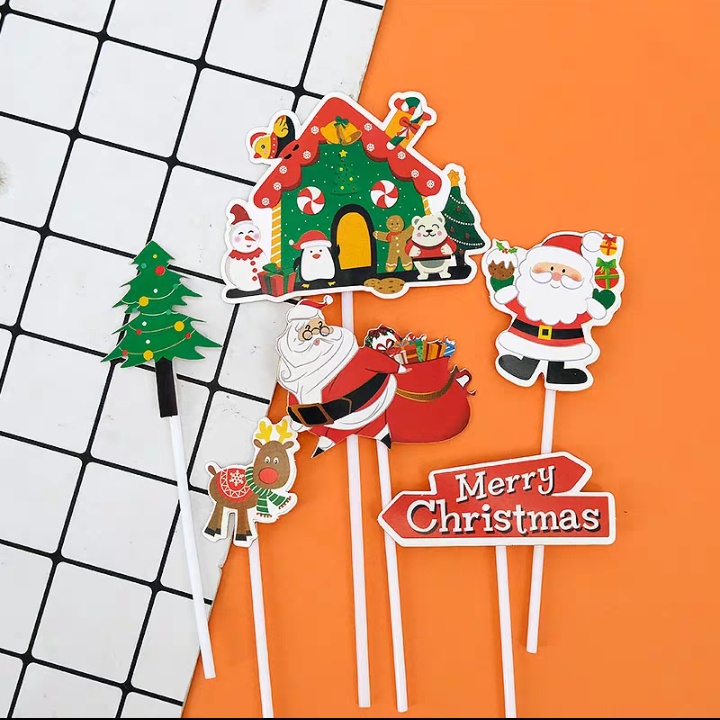 Merry Christmas Santa Claus House Paper Card Cake Topper Baking Props