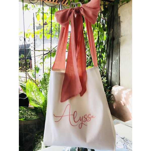 YAM-Customized Ribbon Style Tote Bag. Embroidered names and initials ...