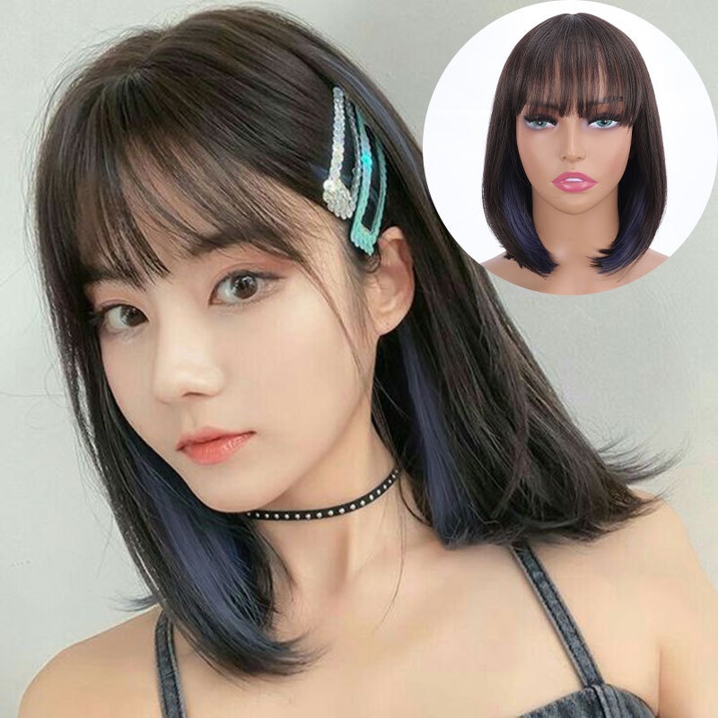 Woman Short/Long Wig Two Color Wig With Bangs Gradient Black Blue ...