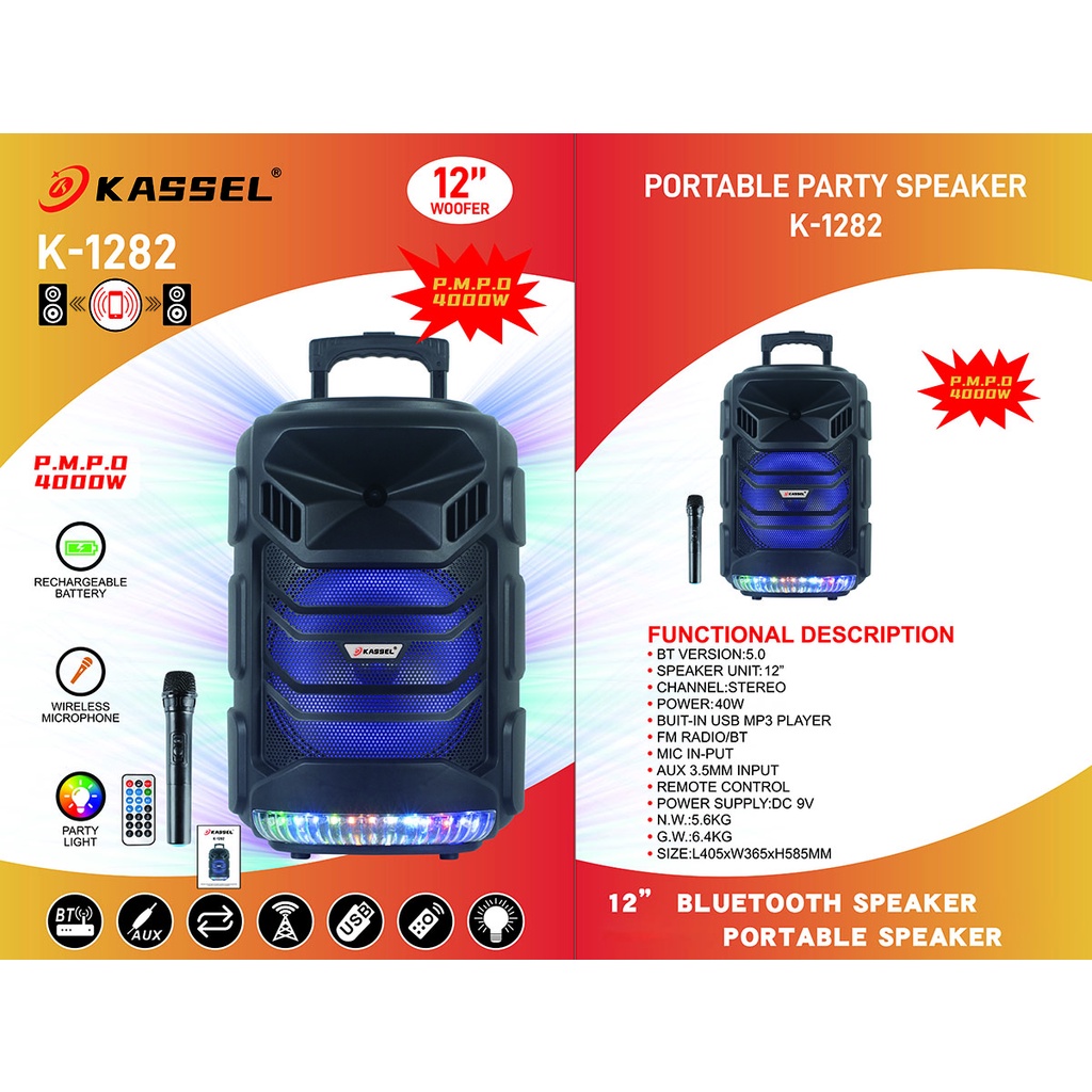 FREE USB KASSEL 12" TWS Trolley Portable Bluetooth Speaker Karaoke LED ...
