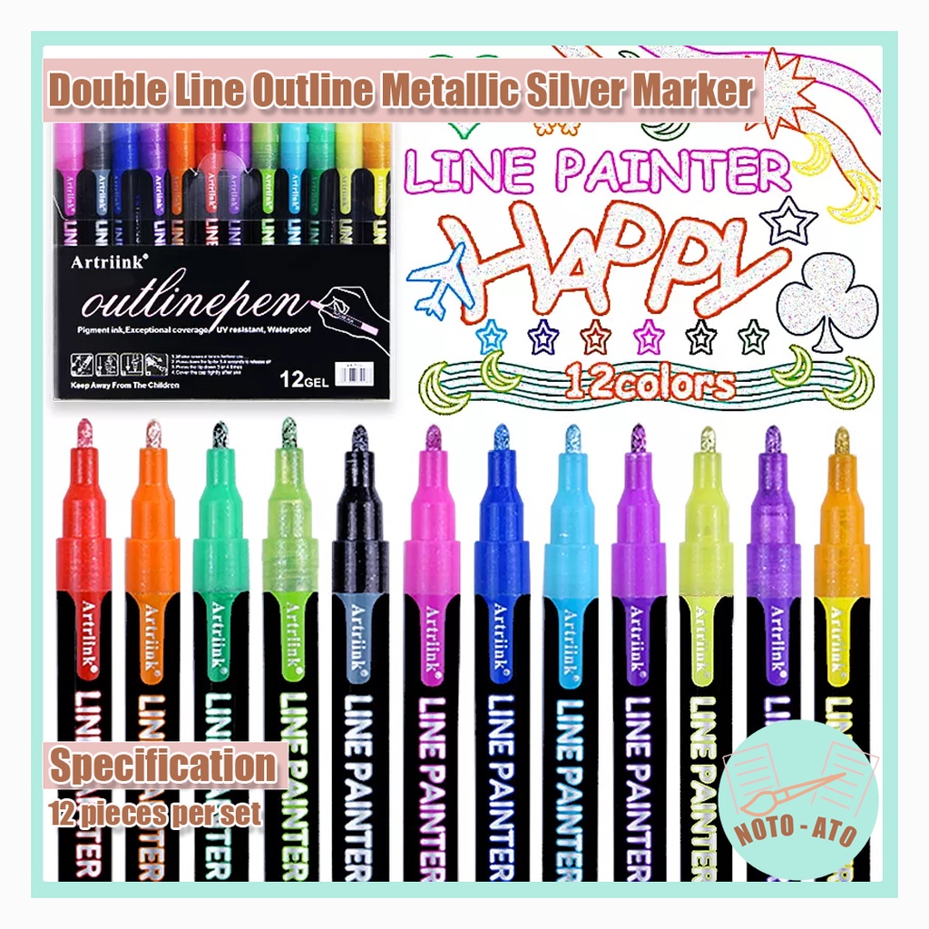Double Line Outline Metallic Silver Markers Drawing Pen | Shopee ...