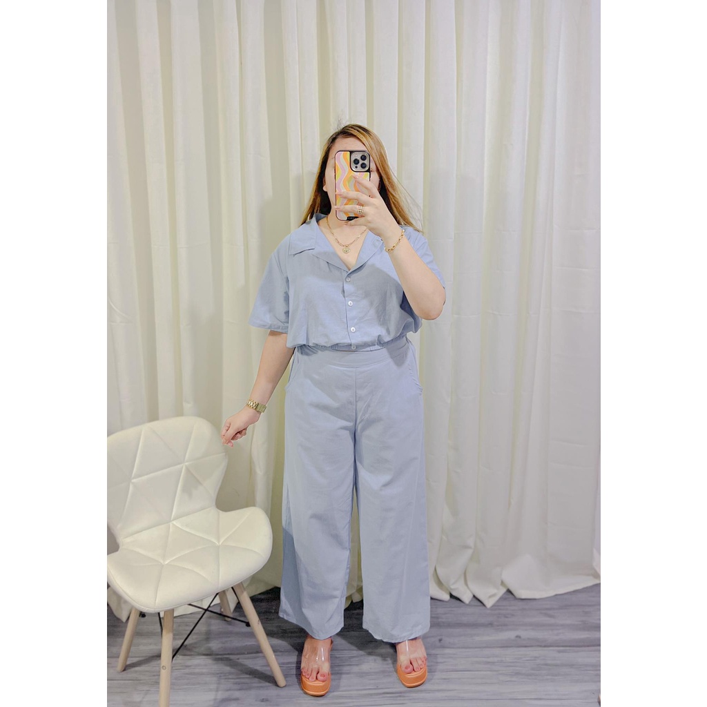 Cotton Linen Polo w/ Garterized Hem Semi Crop-top Squarepants Terno For ...