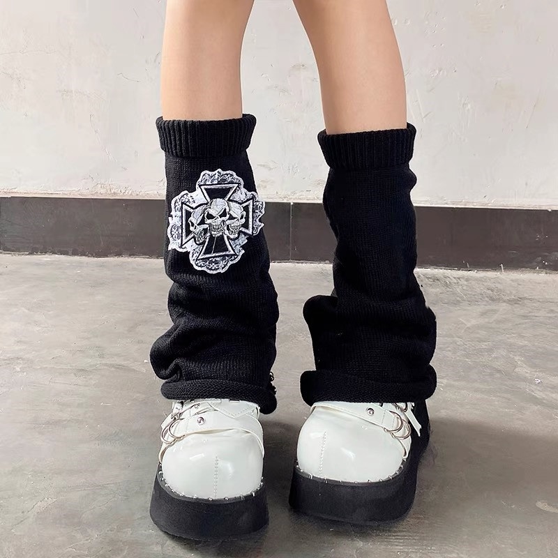 Grey knitted hosiery Cross skull lace black white calf socks dark ...