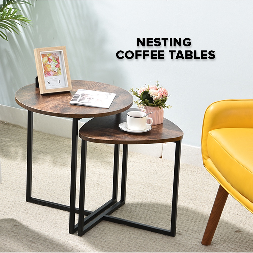 Easy Assemble Nesting Side Table Set 2 Triangle & Round Wooden Top ...