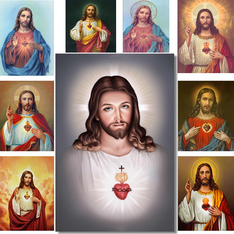 Nordic Retro Jesus Sacred Heart Painting Modern Religious Christian ...