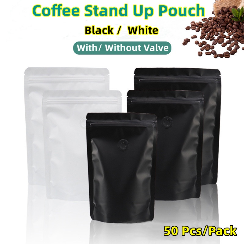 50Pcs Coffee Bean Stand Up Pouch with One Way Valve Black/White Matte ...