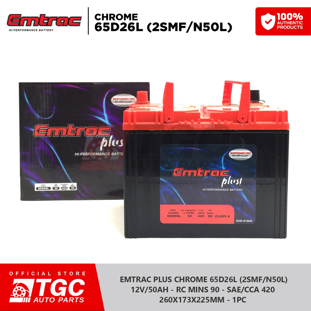 EMTRAC PLUS Chrome 65D26L (2SMF/N50L) 12V / 50AH RC mins 90 SAE/CCA 420 260x173x225mm 1pc ...
