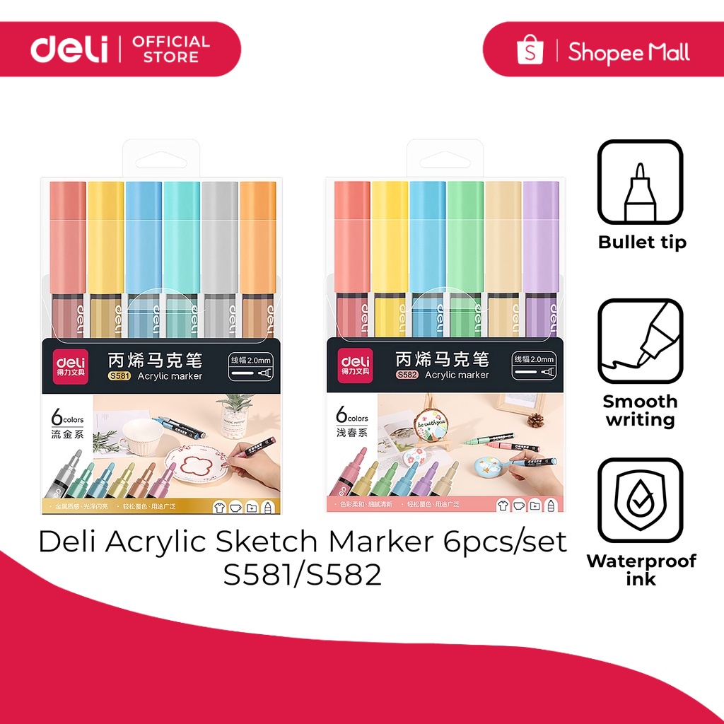 Deli S581/S582 Acrylic Sketch Marker 6pcs/set | Shopee Philippines