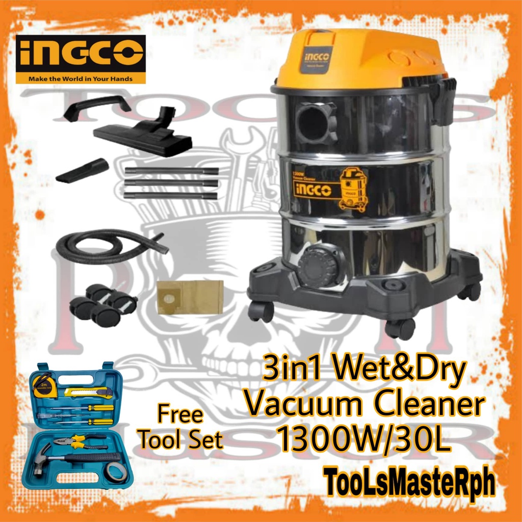 INGCO 1300W Wet and Dry Vacuum Cleaner 30L VC13301 Free Tool Set ...