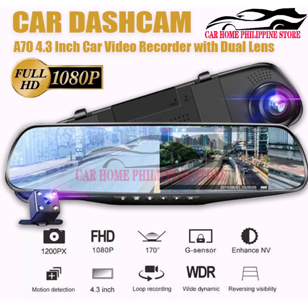 A70 Full HD 1080P Car Video Camera with Dual Lens Front Rearview Mirror ...