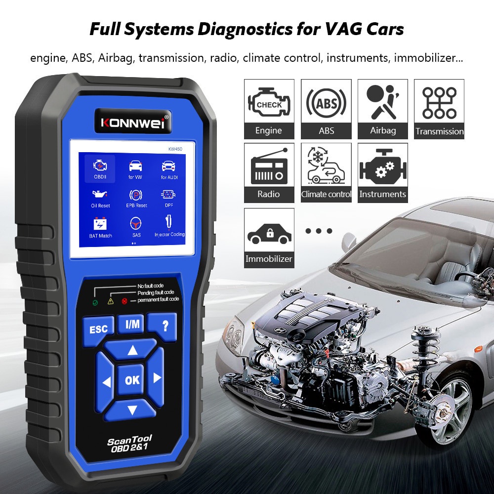 KONNWEI KW450 OBD2 Diagnostic Tool for VAG Car all system ABS Airbag Oil ABS EPB DPF SRS TPMS ...