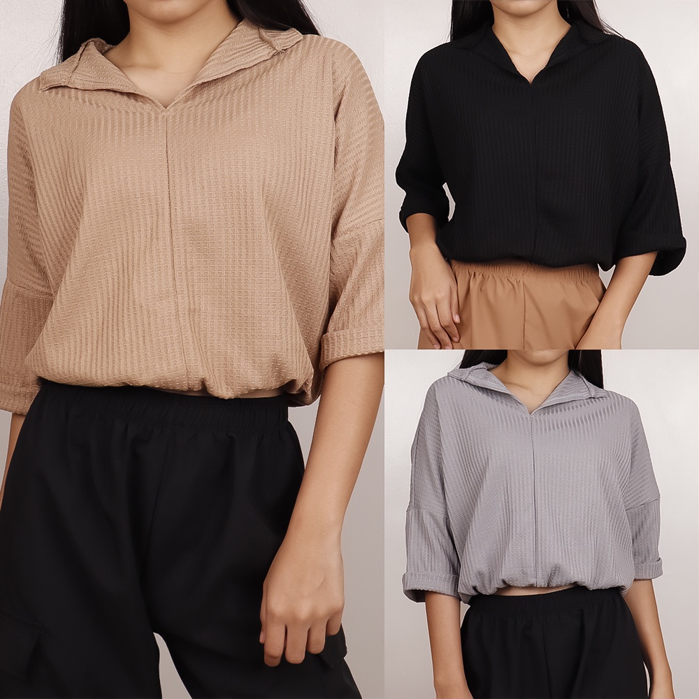 NB Waffle Knit Polo Crop Top Loose Fit 3/4 Sleeve Garter Top | Shopee ...