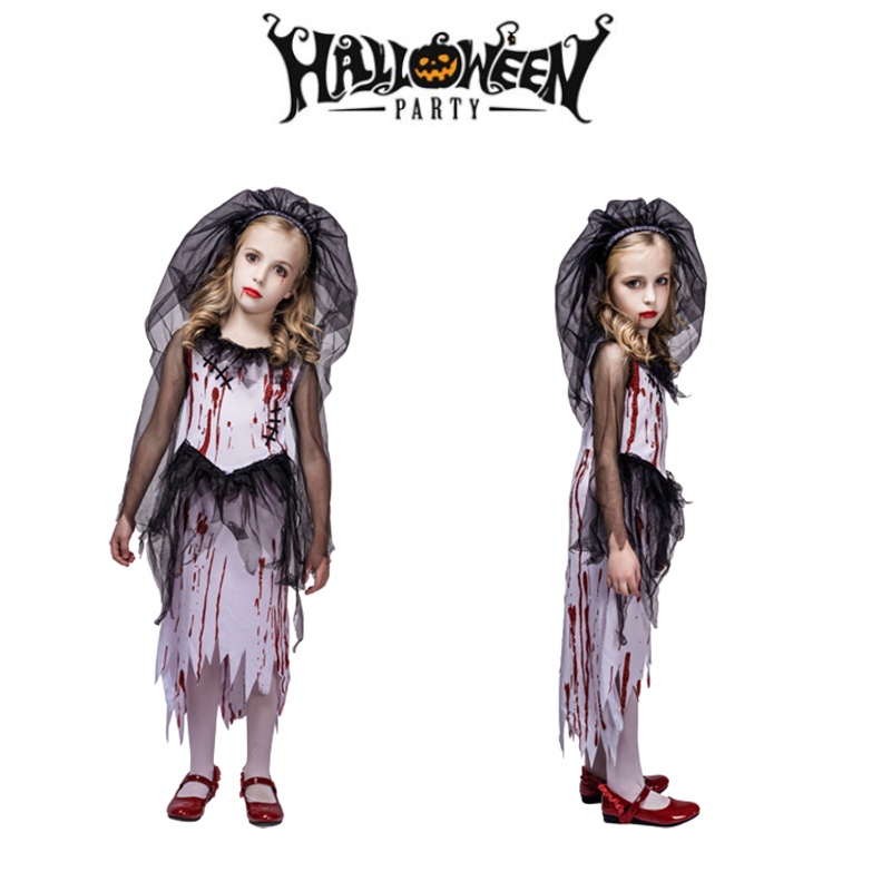 Halloween Bride Zombie Masquerade Costume Kids Ghost Bloody Bride ...