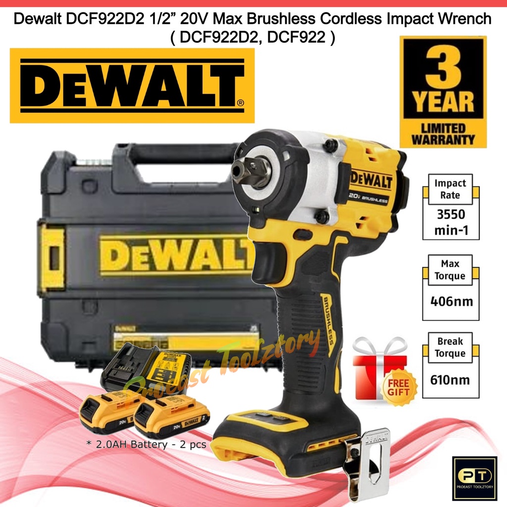 Dewalt DCF922D2-B1 1/2” 20V Max Brushless Cordless Impact Wrench ...