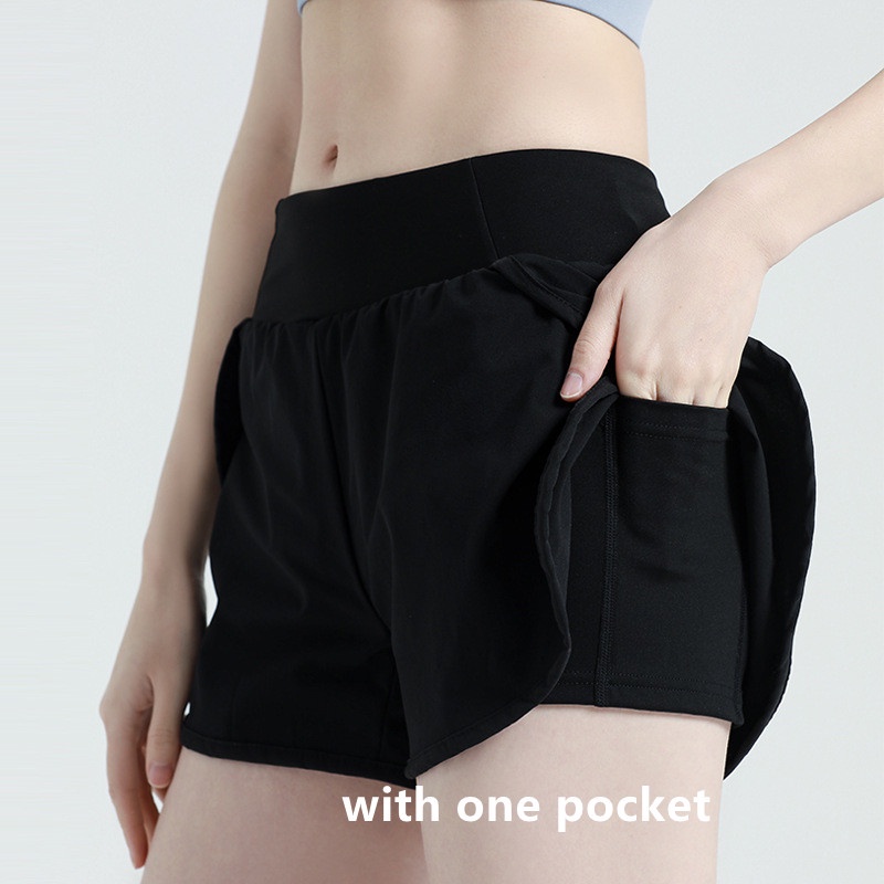 woman yoga shorts sports fake two piece shorts with pocket running ...