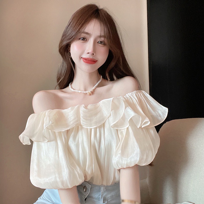 Sweet Ruffles Off Shoulder Puff Sleeve Solid Color Chiffon Women Blouse ...