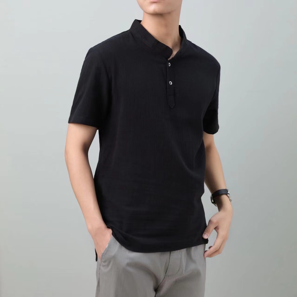 Chinese Collar Casual Polo for Men Korean Plain Cotton Linen Short ...