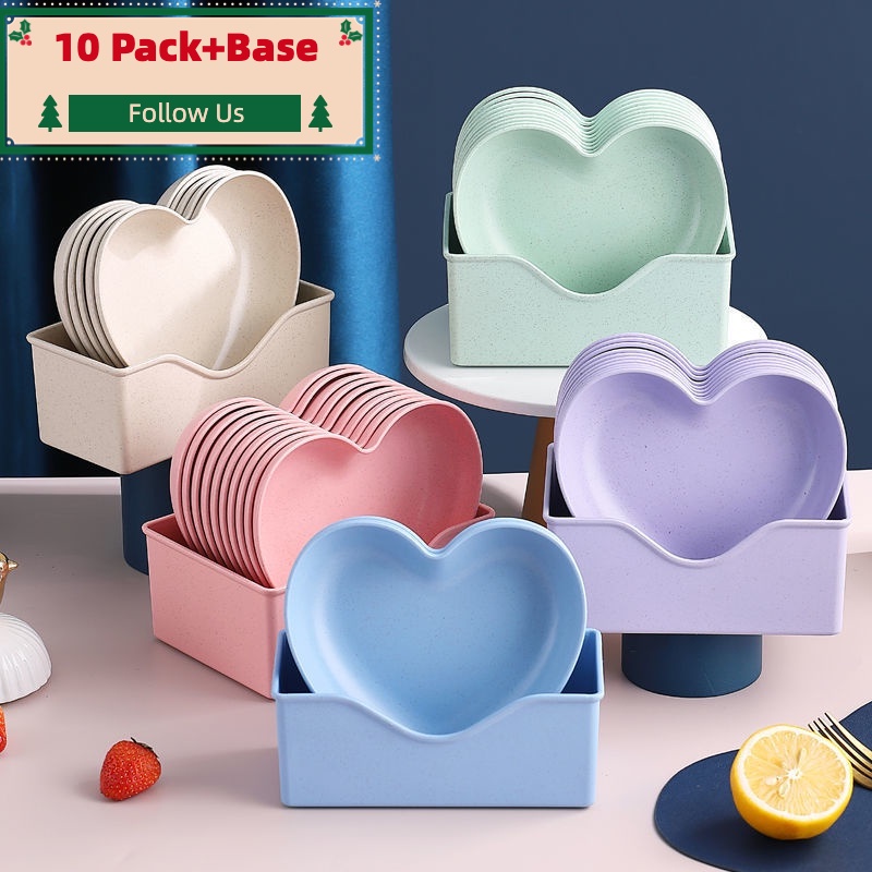 10-Pack with Base Heart Shaped Colorful Plates Wheat Straw Dish Dessert ...