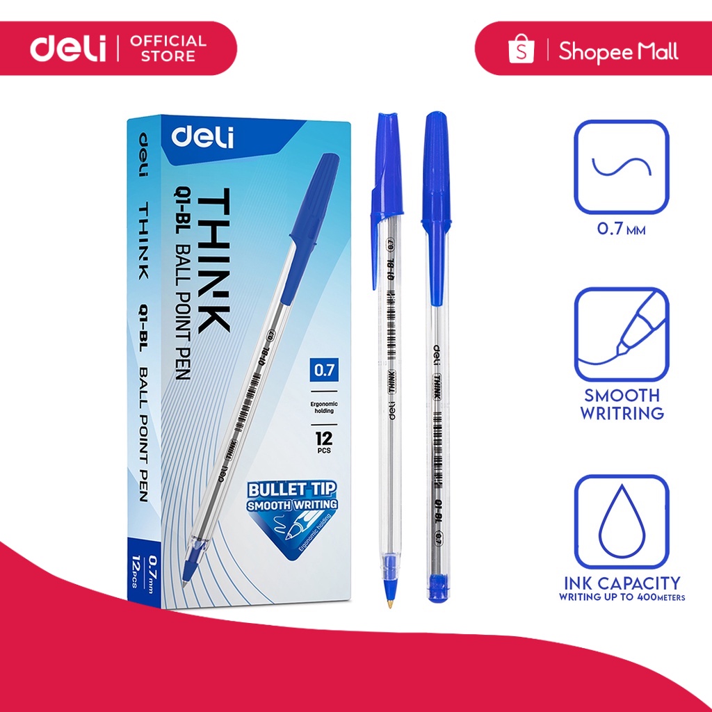 Deli Q1-BL Think 0.7mm Bullet Tip Ball Point Pen 12pcs/box [79Q1-BLP12 ...