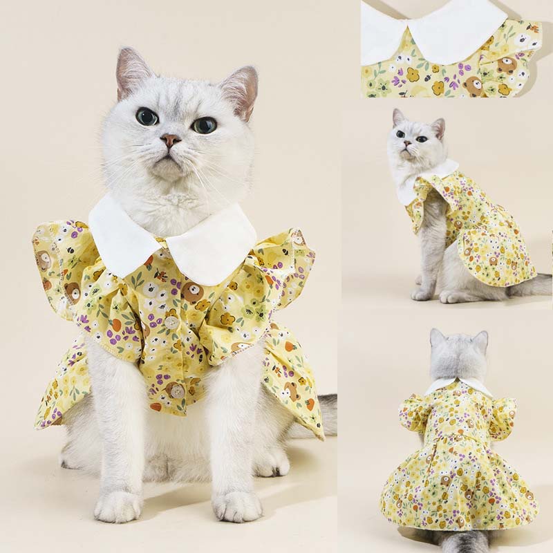 Pet Clothes for Cat Summer Fashion Yellow Floral Bear Print Dog Dress ...