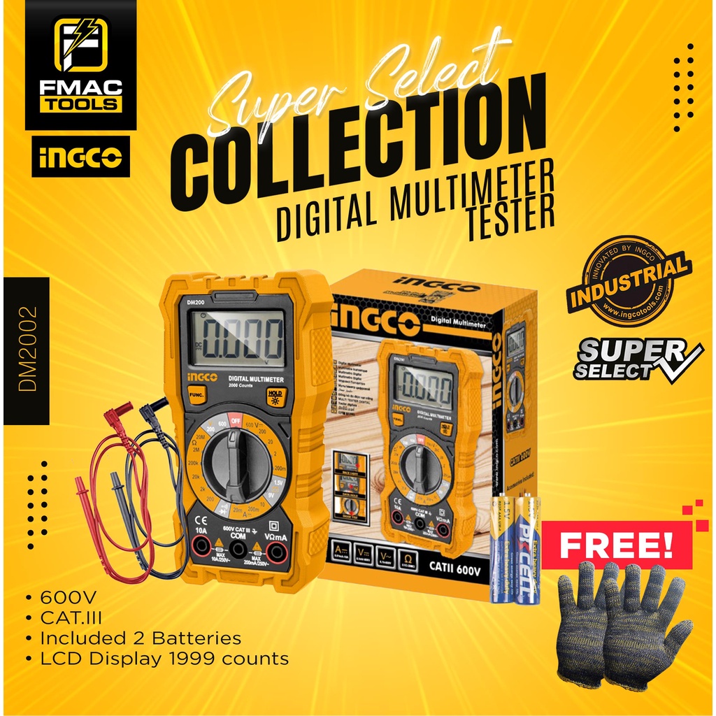 INGCO SUPER SELECT Digital Multimeter Tester CAT.III 600V IPT DM2002 ...