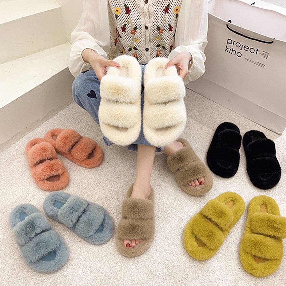 Rabbit fur slippers with cross straps, super warm on the feet ...