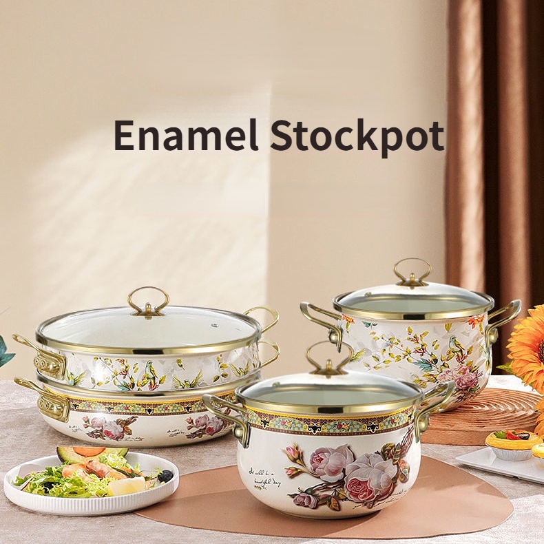 Retro Flower Enamel Stockpot with Lid,Stockpots for Cooking Cookware ...