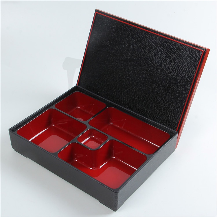 Medium Five-Grid Single-Layer Black Wood Grain Lid Bento Box Japanese ...